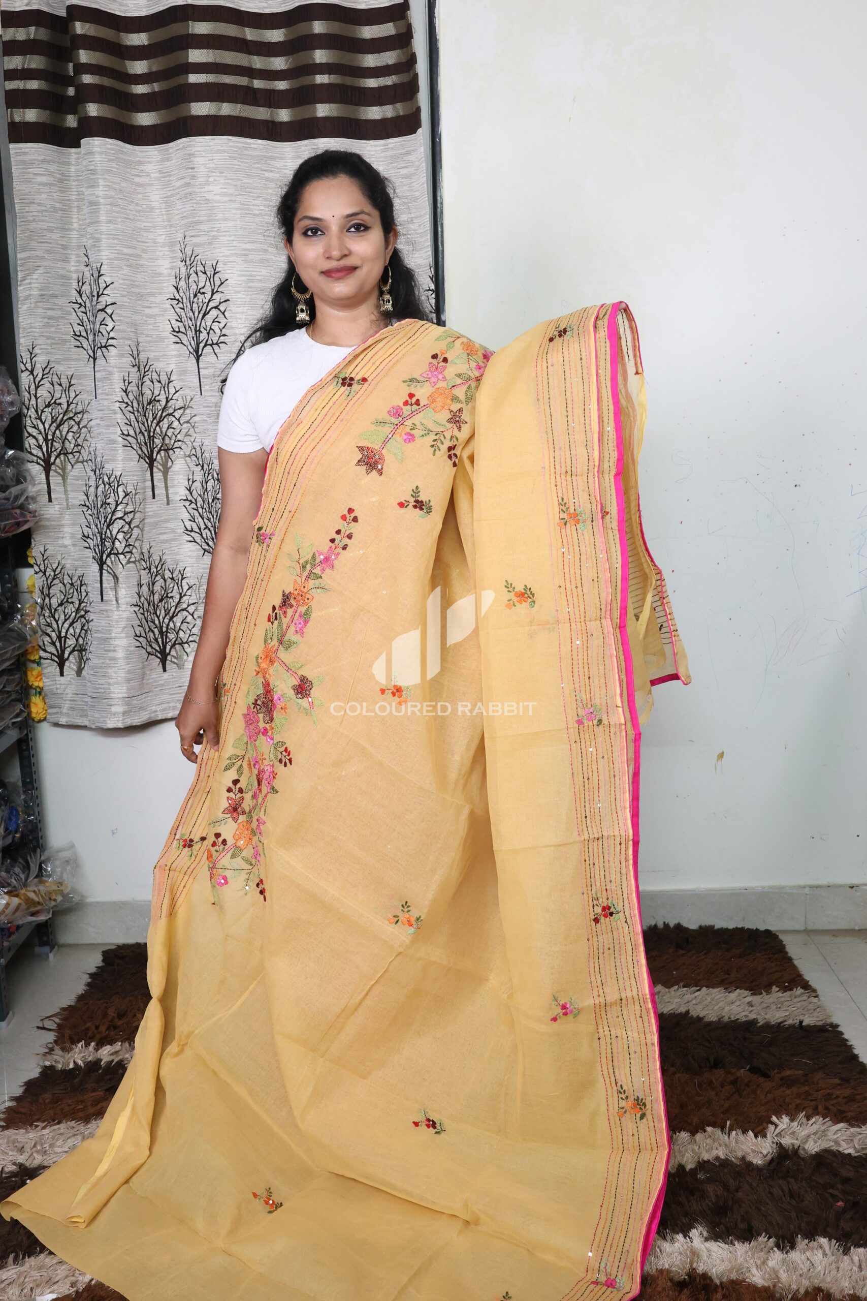Pure cotton Boolean work saree – Cream colour – Coloured Rabbit