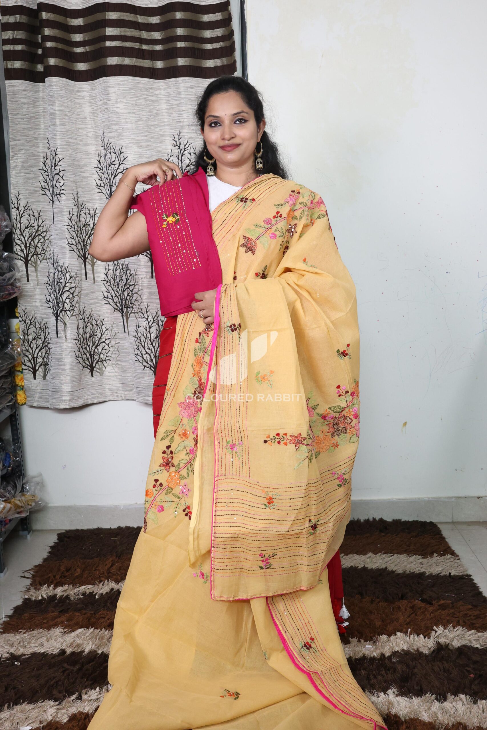 Pure cotton Boolean work saree – Cream colour – Coloured Rabbit