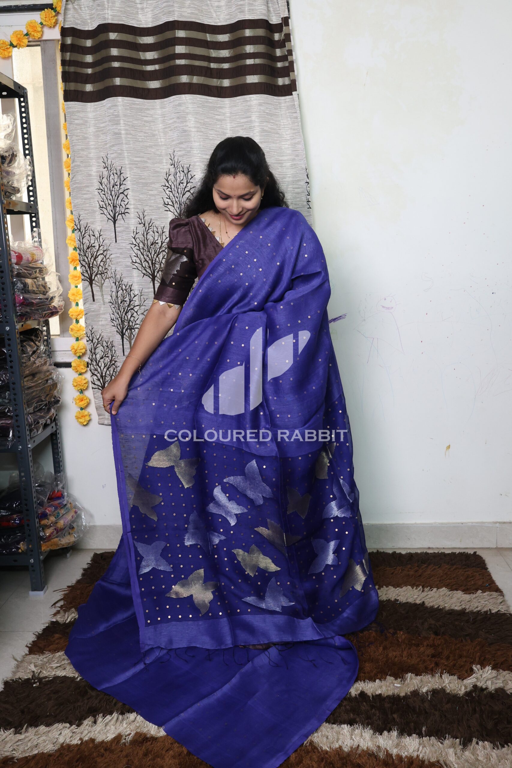 Pure Silk Linen sequence with butterfly jamdani pallu – Navy blue ...